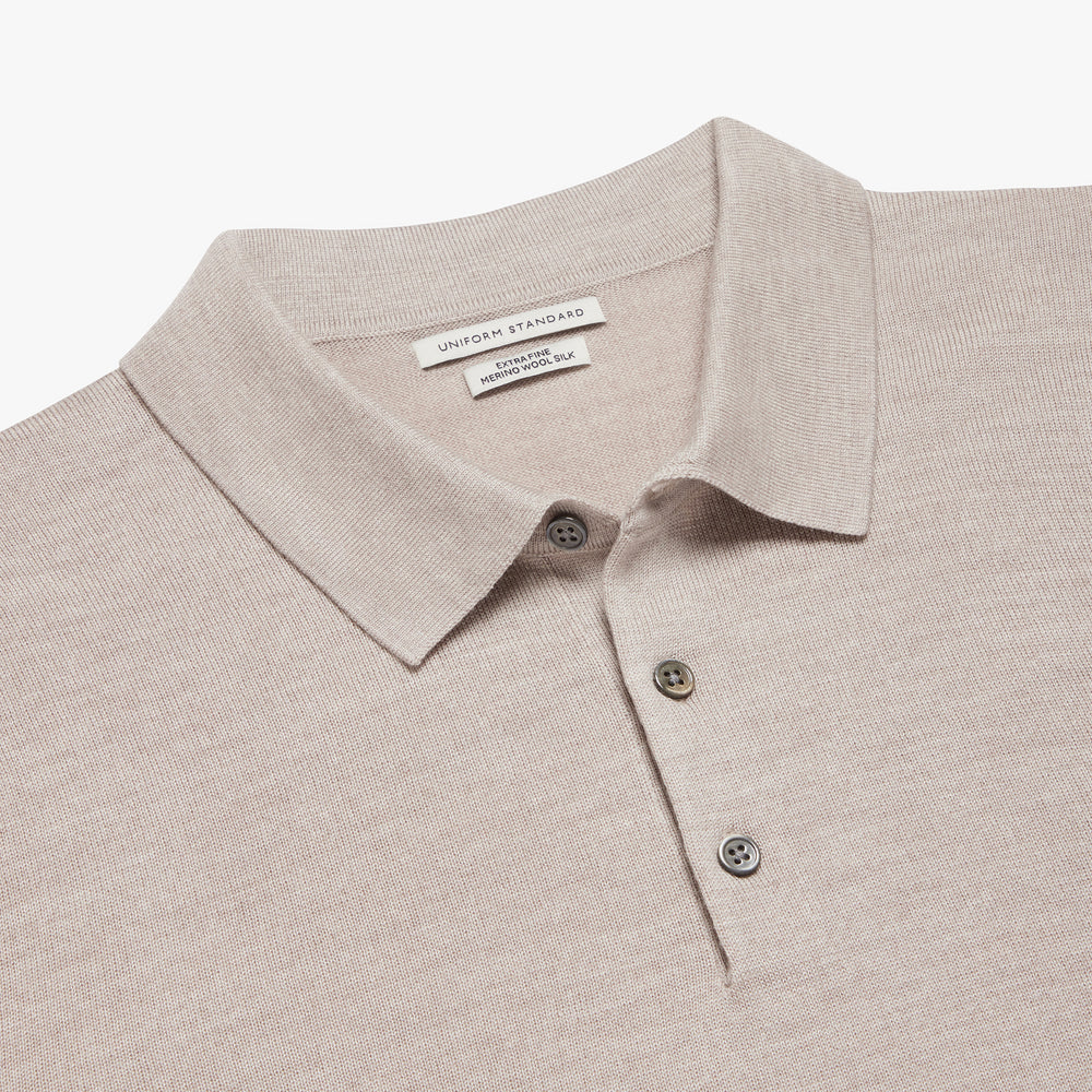 Men's Oatmeal Melange Merino Wool Silk Button Polo | Uniform Standard